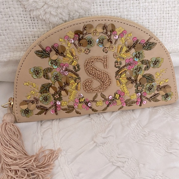 Anthropologie | Bags | Anthropologie Anna Harlow Russo Velvet Beaded Monogram Crescent Pouch S ...